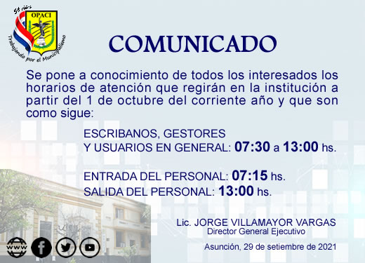 Comunicado Nuevo Horario de Atención - OPACI