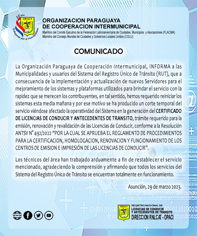 Comunicado Sistema RUT - OPACI